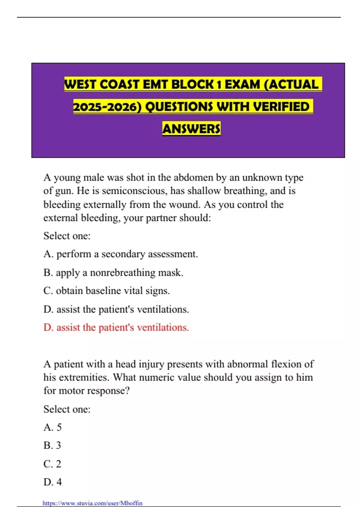 WEST COAST EMT BLOCK 1 EXAM (ACTUAL ) QUESTIONS WITH VERIFIED ANSWERS - WEST COAST EMT BLOCK ...