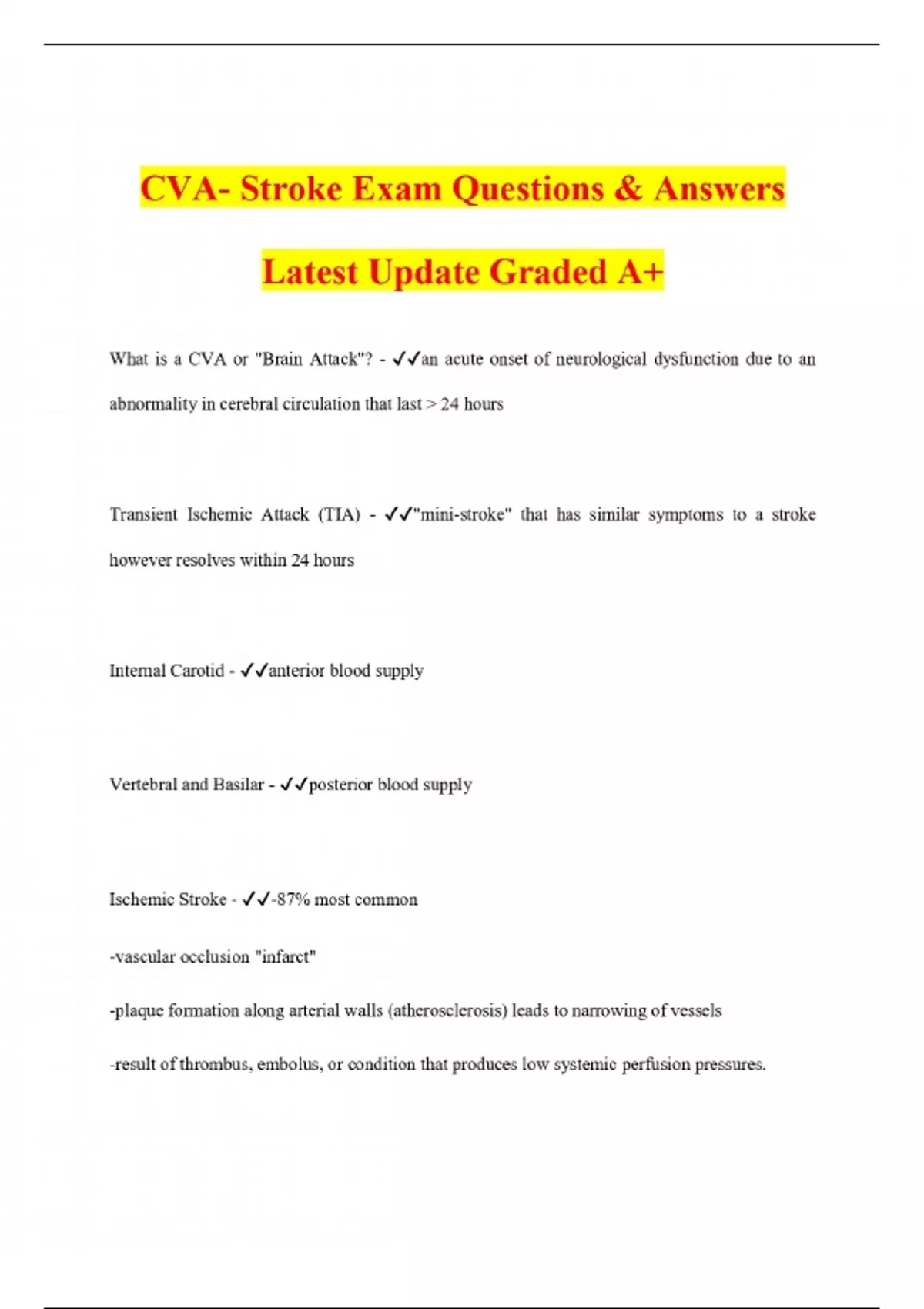 CVA- Stroke Exam Questions & Answers Latest Update Graded A+ What is a ...