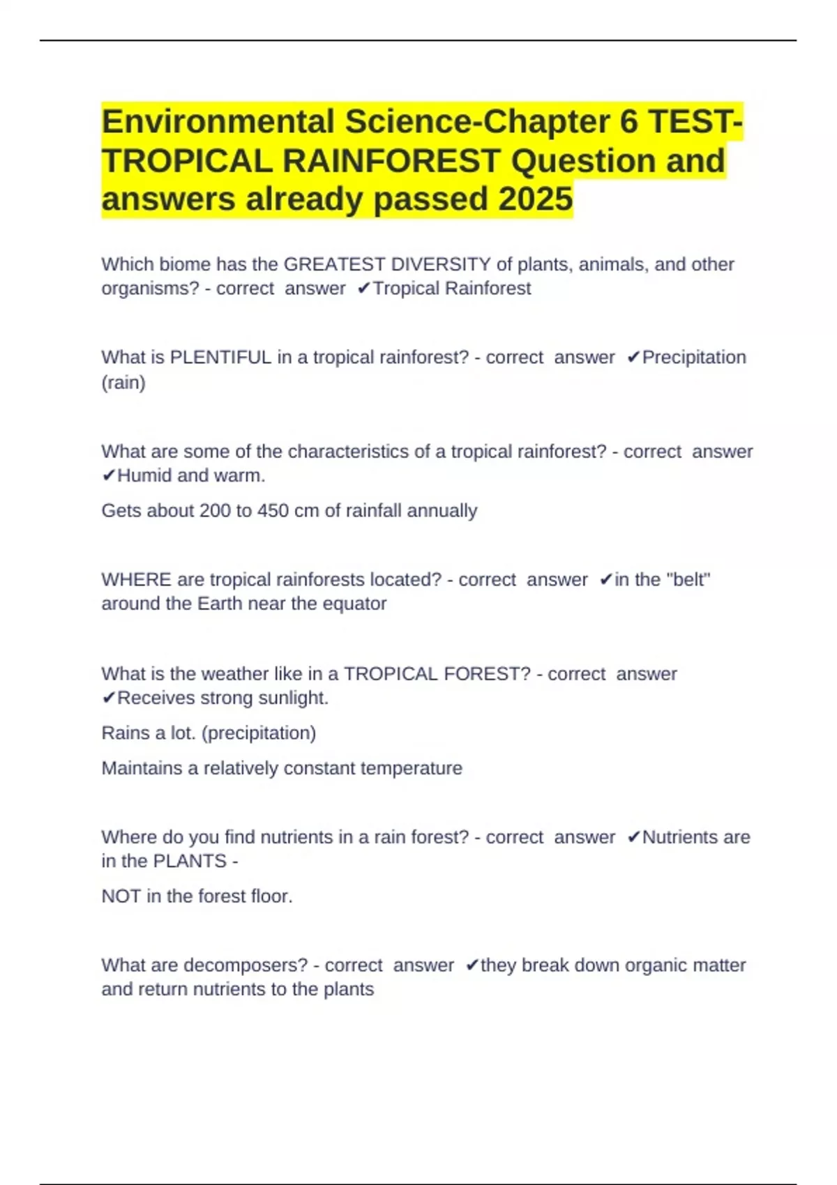 Environmental Science-Chapter 6 TEST- TROPICAL RAINFOREST Question and ...