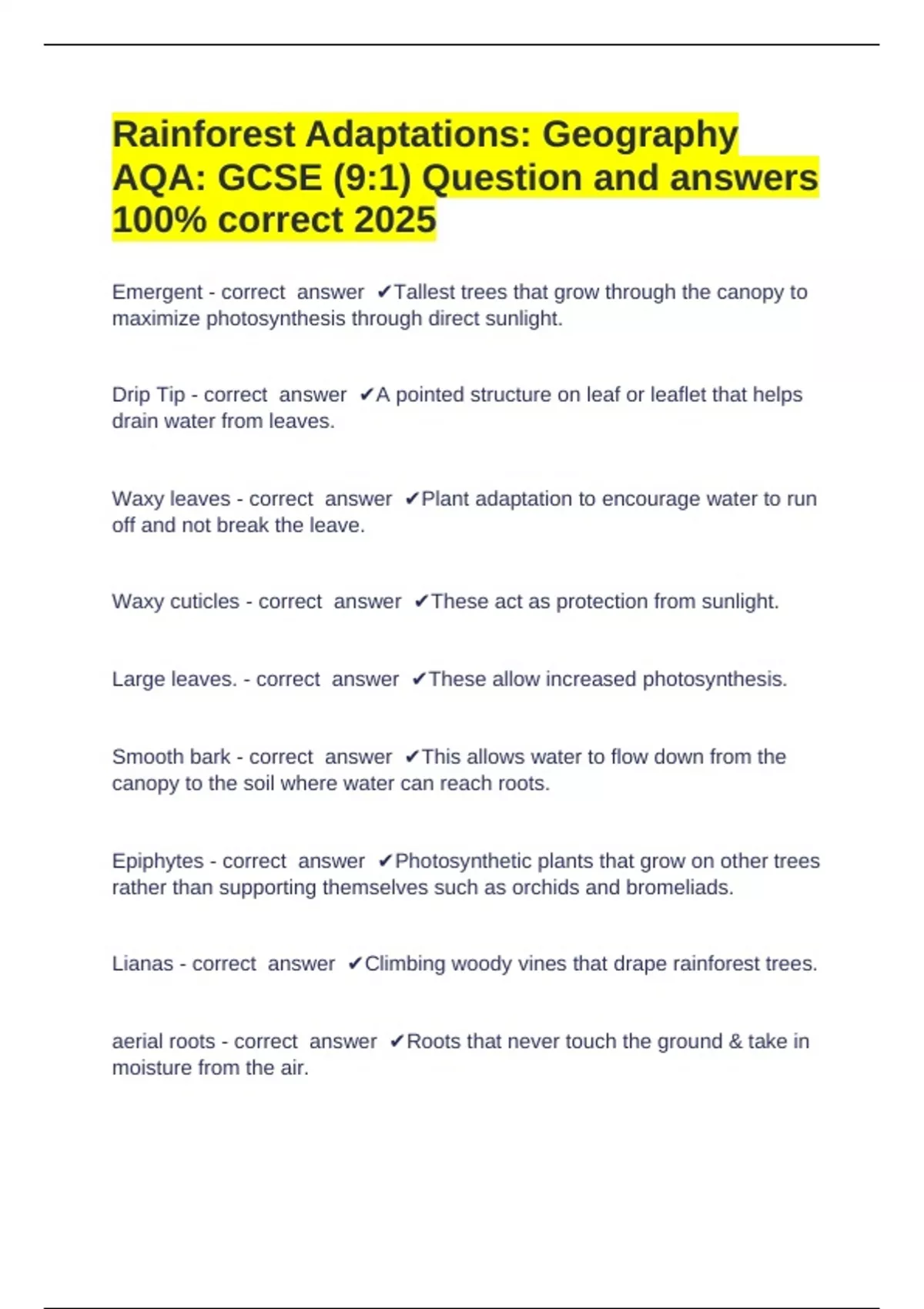 Rainforest Adaptations: Geography AQA: GCSE (9:1) Question and answers ...