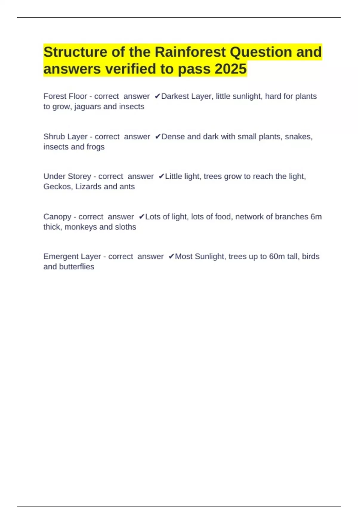 Structure of the Rainforest Question and answers verified to pass 2025 ...