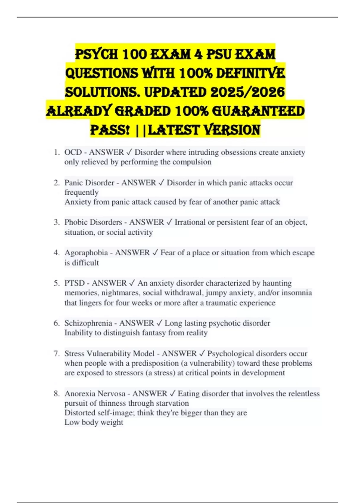 Psych 100 Exam 4 PSU EXAM QUESTIONS WITH 100% DEFINITVE SOLUTIONS ...