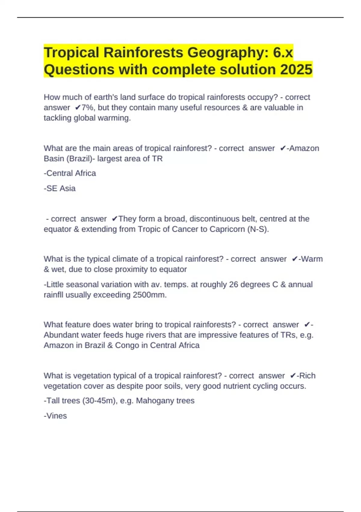 Tropical Rainforests Geography: 6.x Questions with complete solution ...