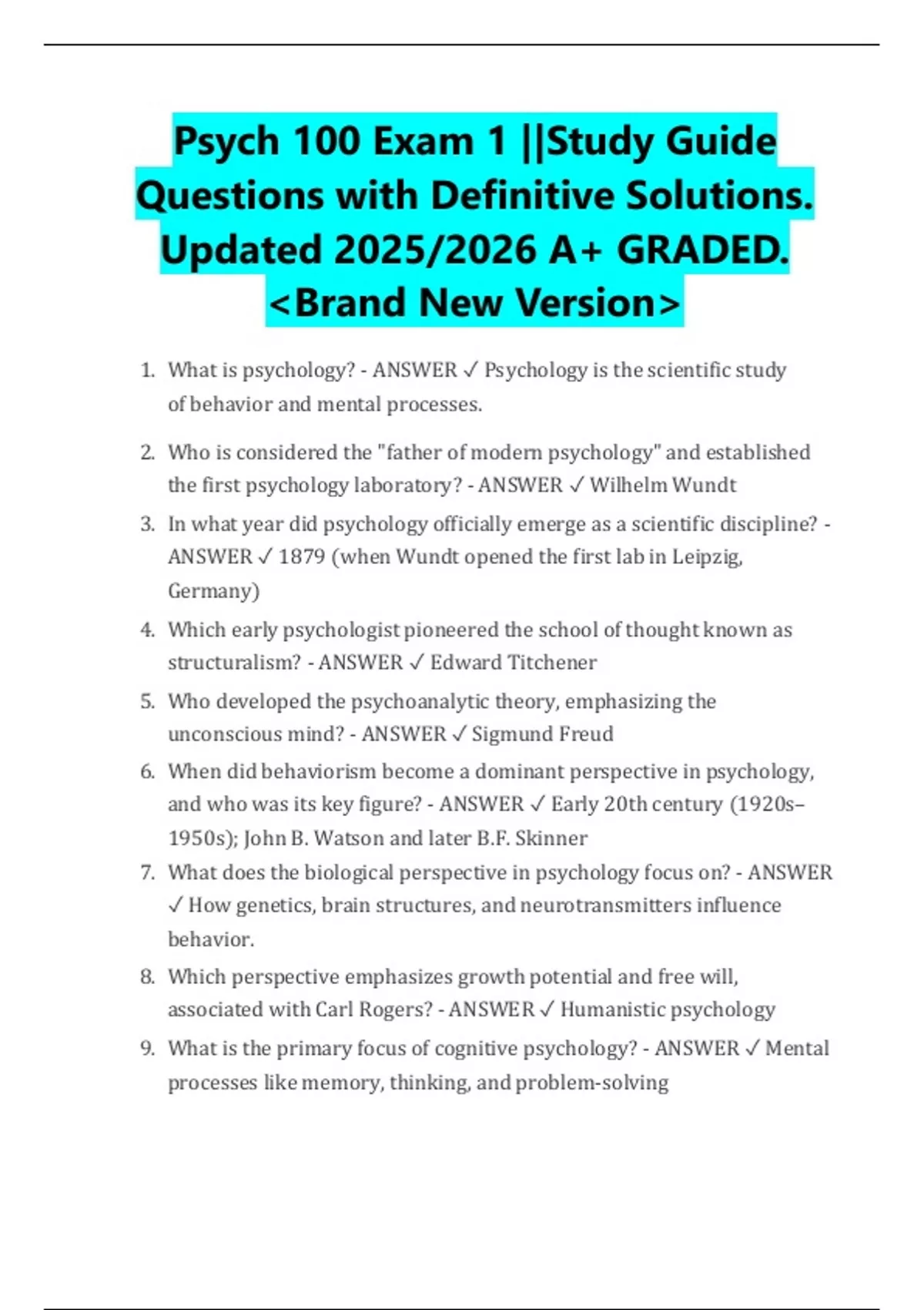 Psych 100 Exam 1 ||Study Guide Questions with Definitive Solutions ...