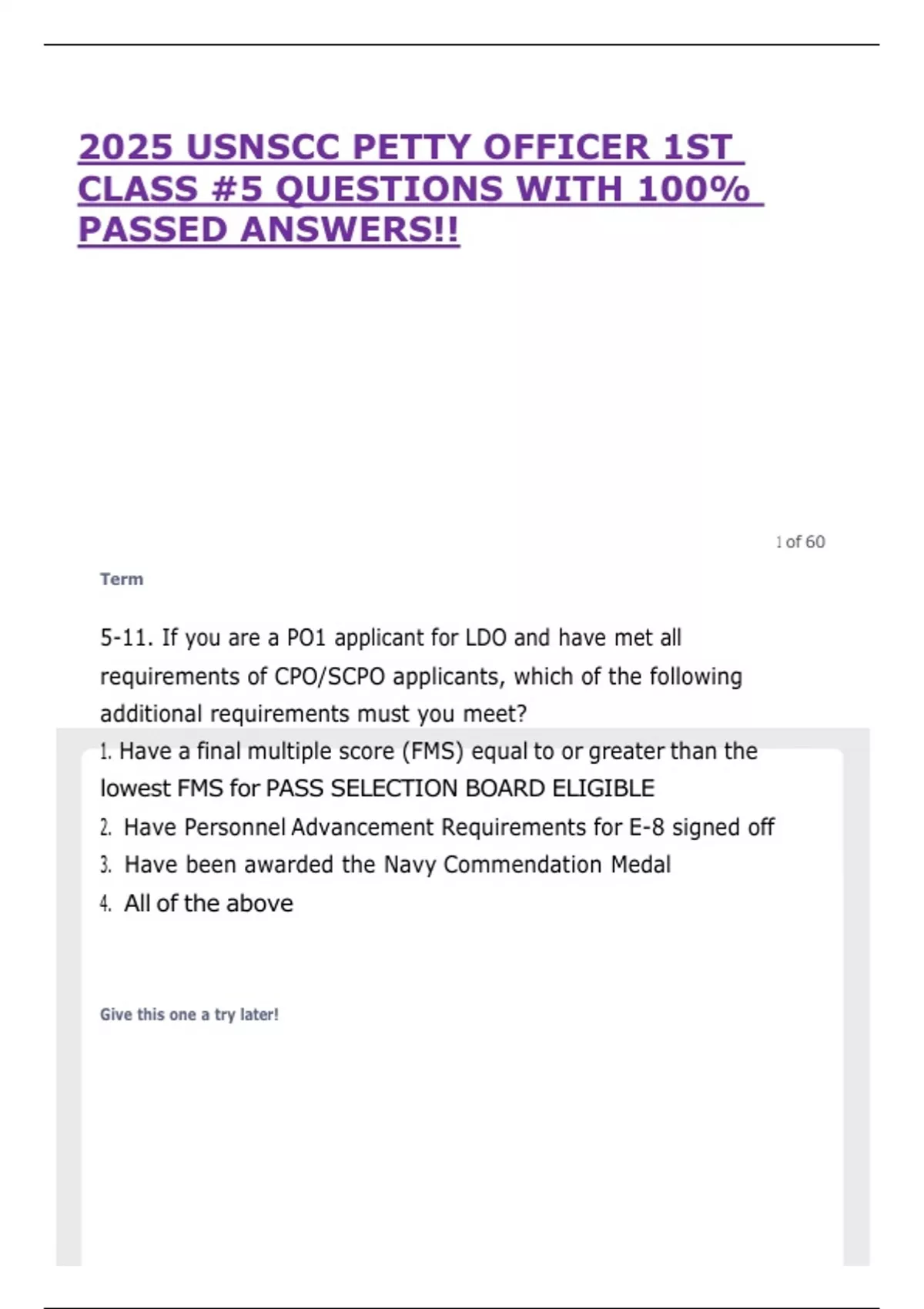 2025 USNSCC PETTY OFFICER 1ST CLASS #5 QUESTIONS WITH 100% PASSED ...