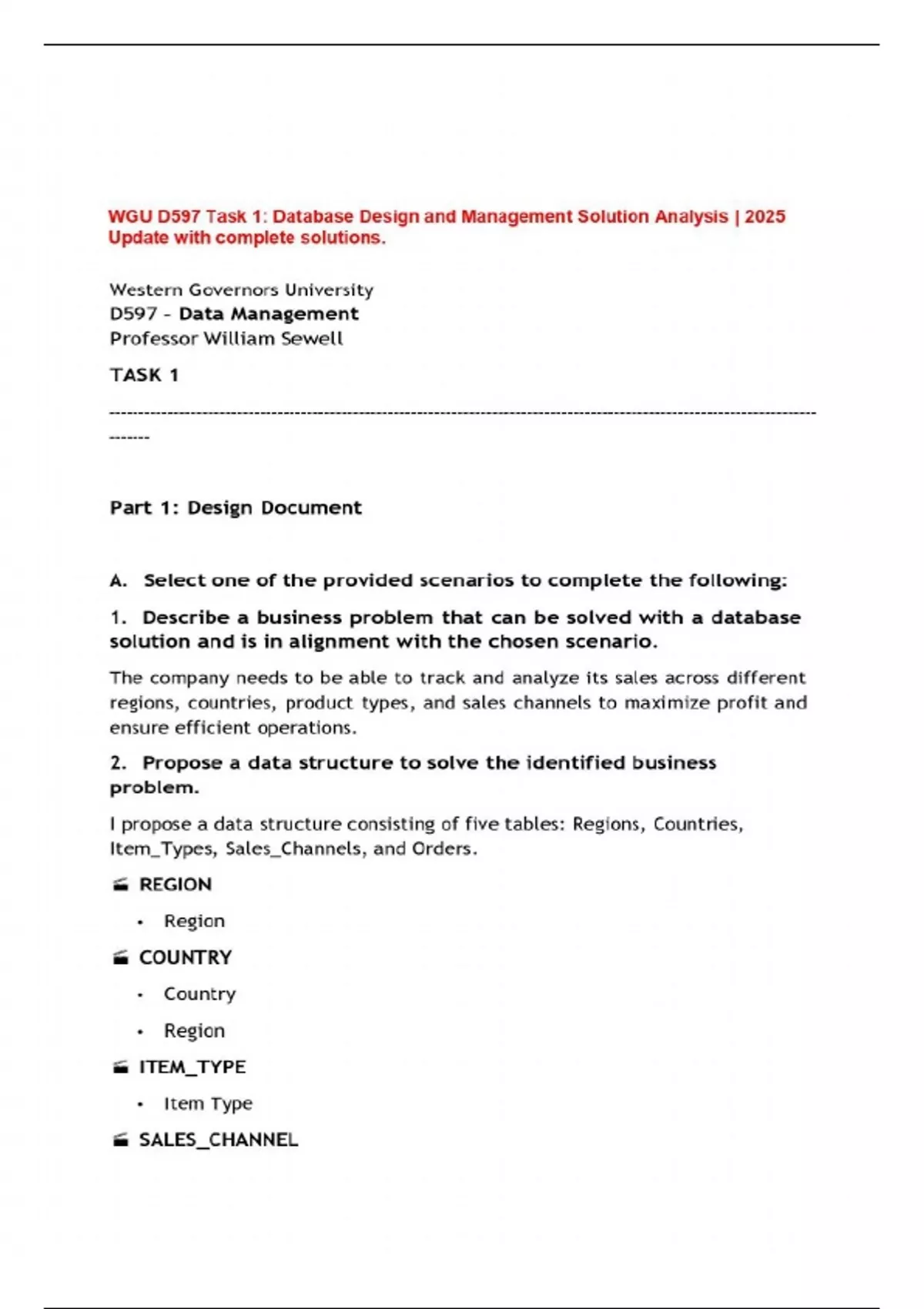 WGU D597 Task 1: Database Design and Management Solution Analysis | 2025 Update with complete ...