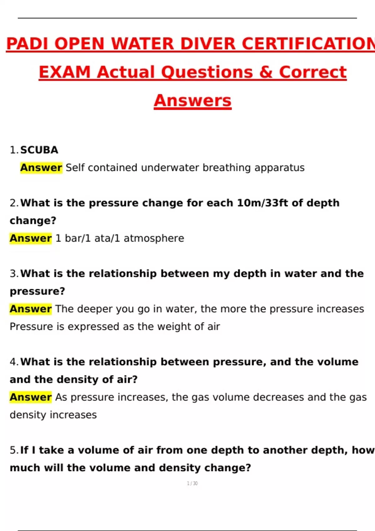 PADI Open Water Diver Certification Exam 2025 Newest Questions with 100 ...
