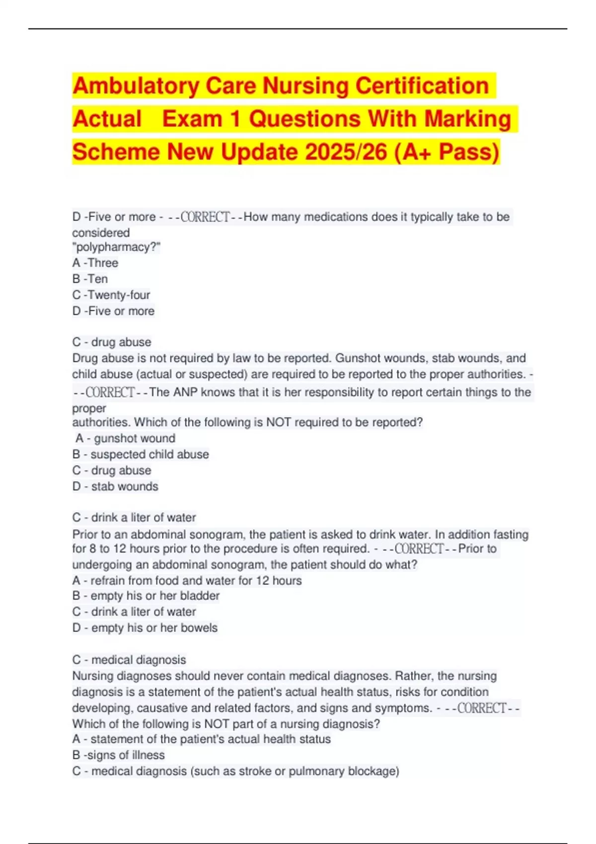 Ambulatory Care Nursing Certification Actual Exam 1 Questions With ...