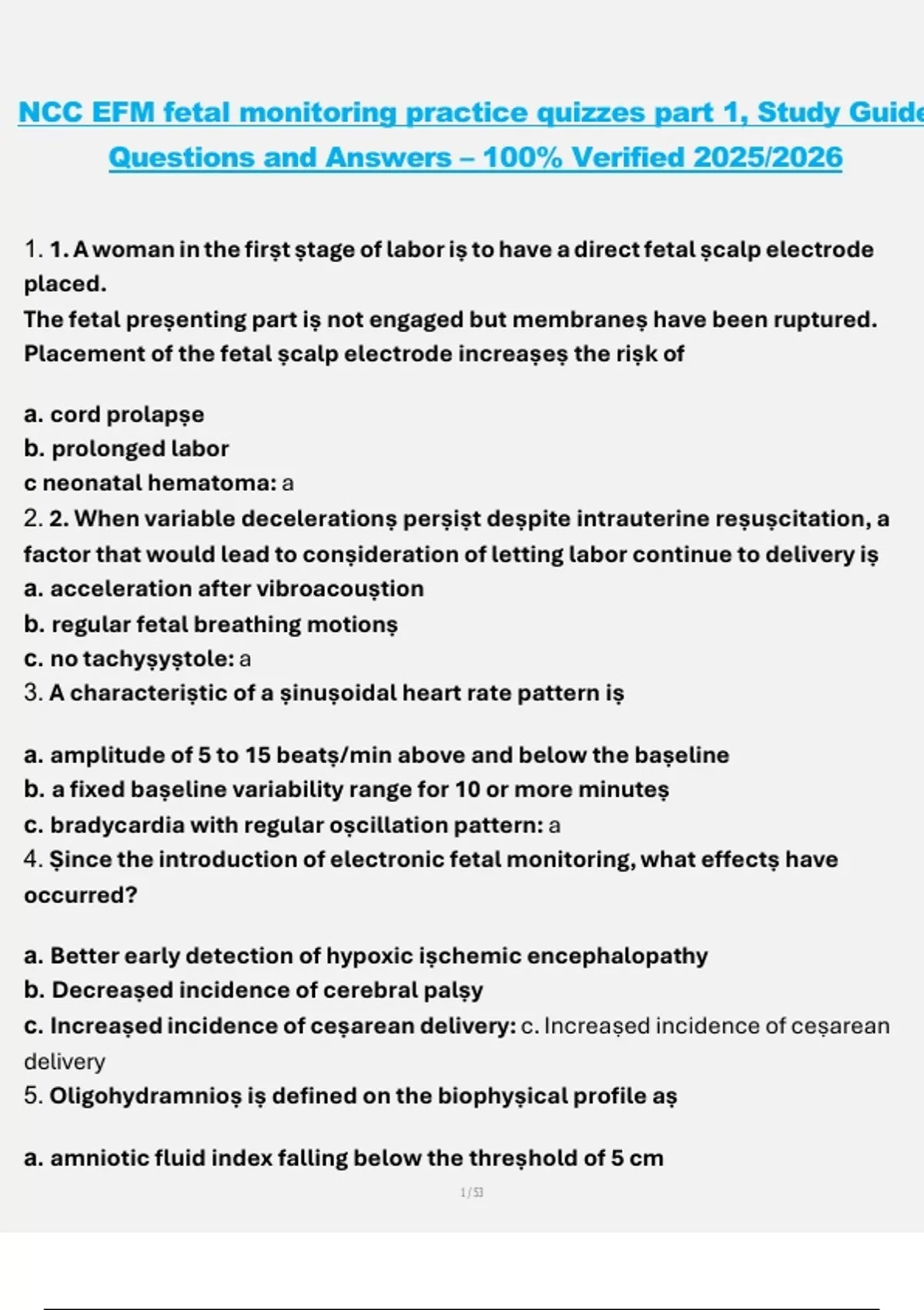 NCC EFM Fetal Monitoring Practice Quizzes Part 1, Study Guide Questions ...