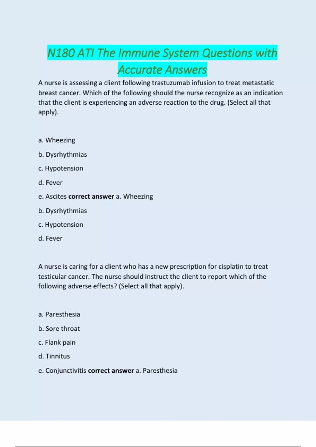 N180 ATI The Immune System Questions with Accurate Answers - Nursing ...