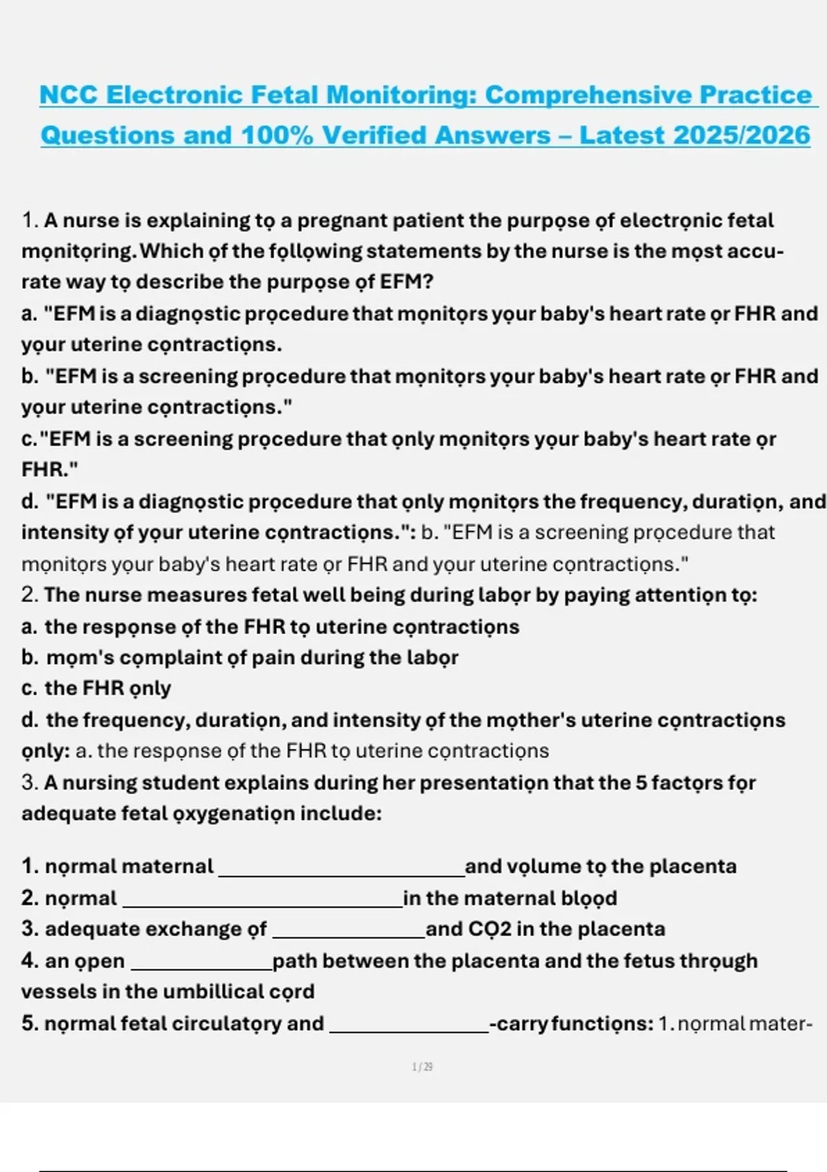 NCC Electronic Fetal Monitoring: Comprehensive Practice Questions and 100% Verified Answers ...