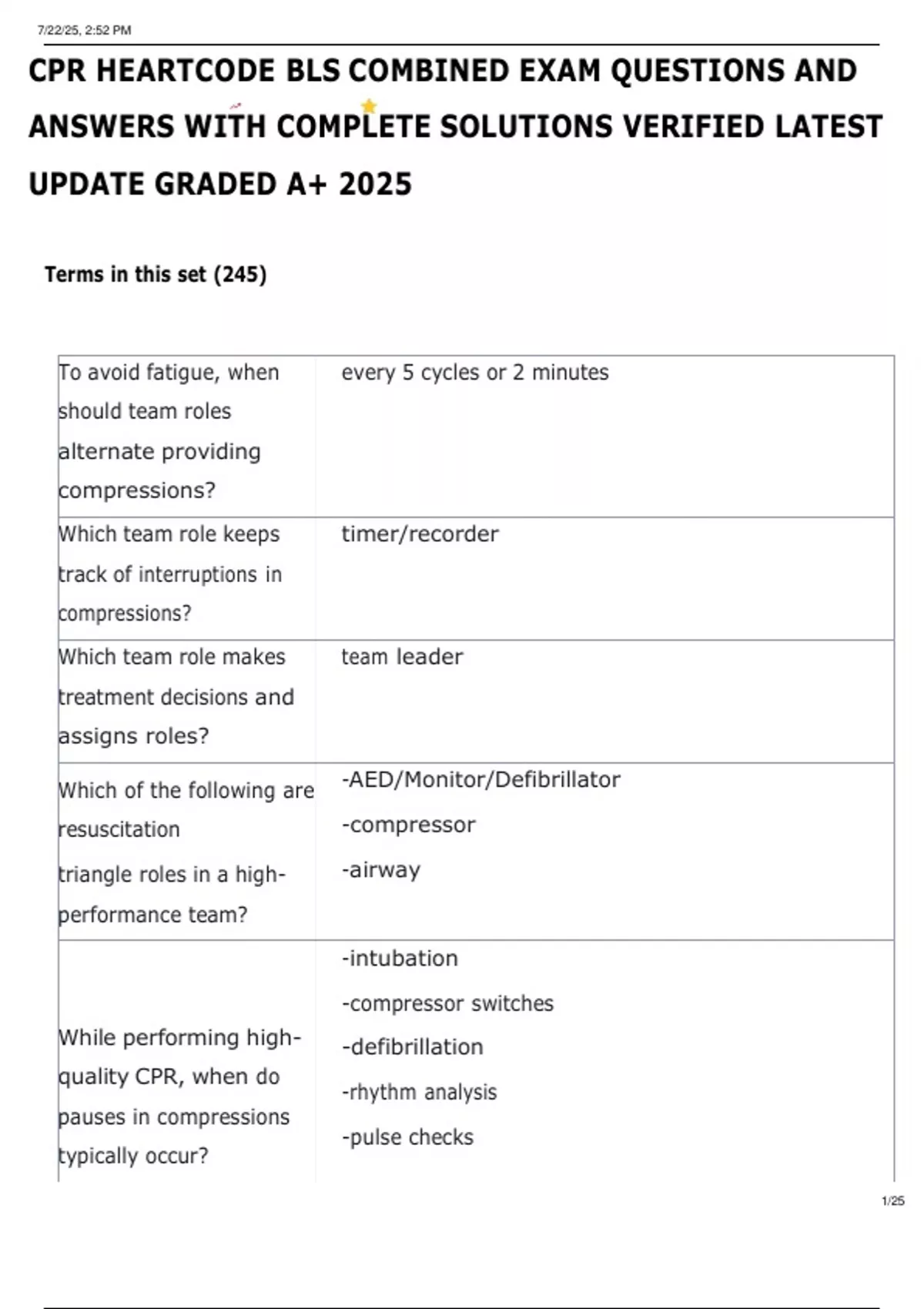 CPR HEARTCODE BLS COMBINED EXAM QUESTIONS AND ANSWERS WITH COMPLETE ...
