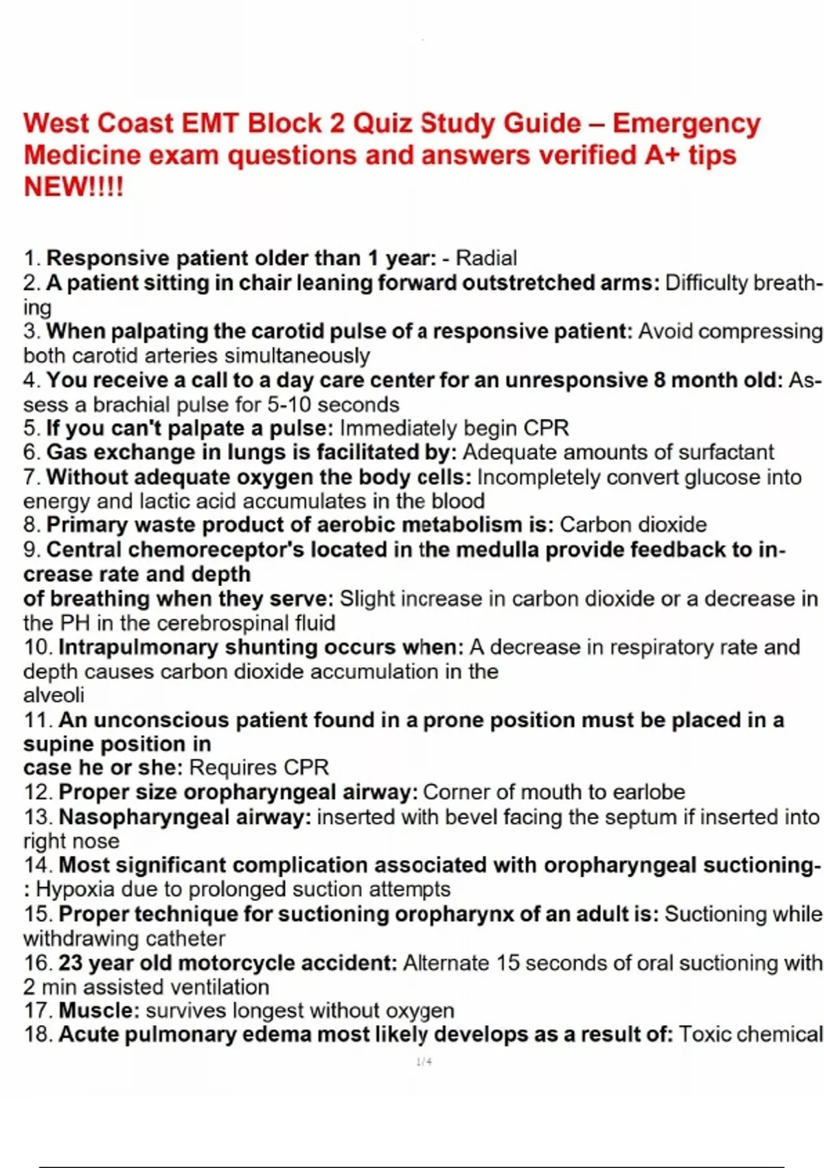 West Coast EMT Block 2 Quiz Study Guide – Emergency Medicine exam ...