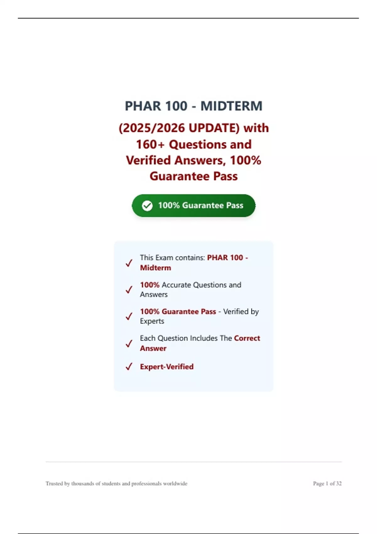 PHAR 100 - MIDTERM (2025/2026 UPDATE) with 160+ Questions and Verified ...