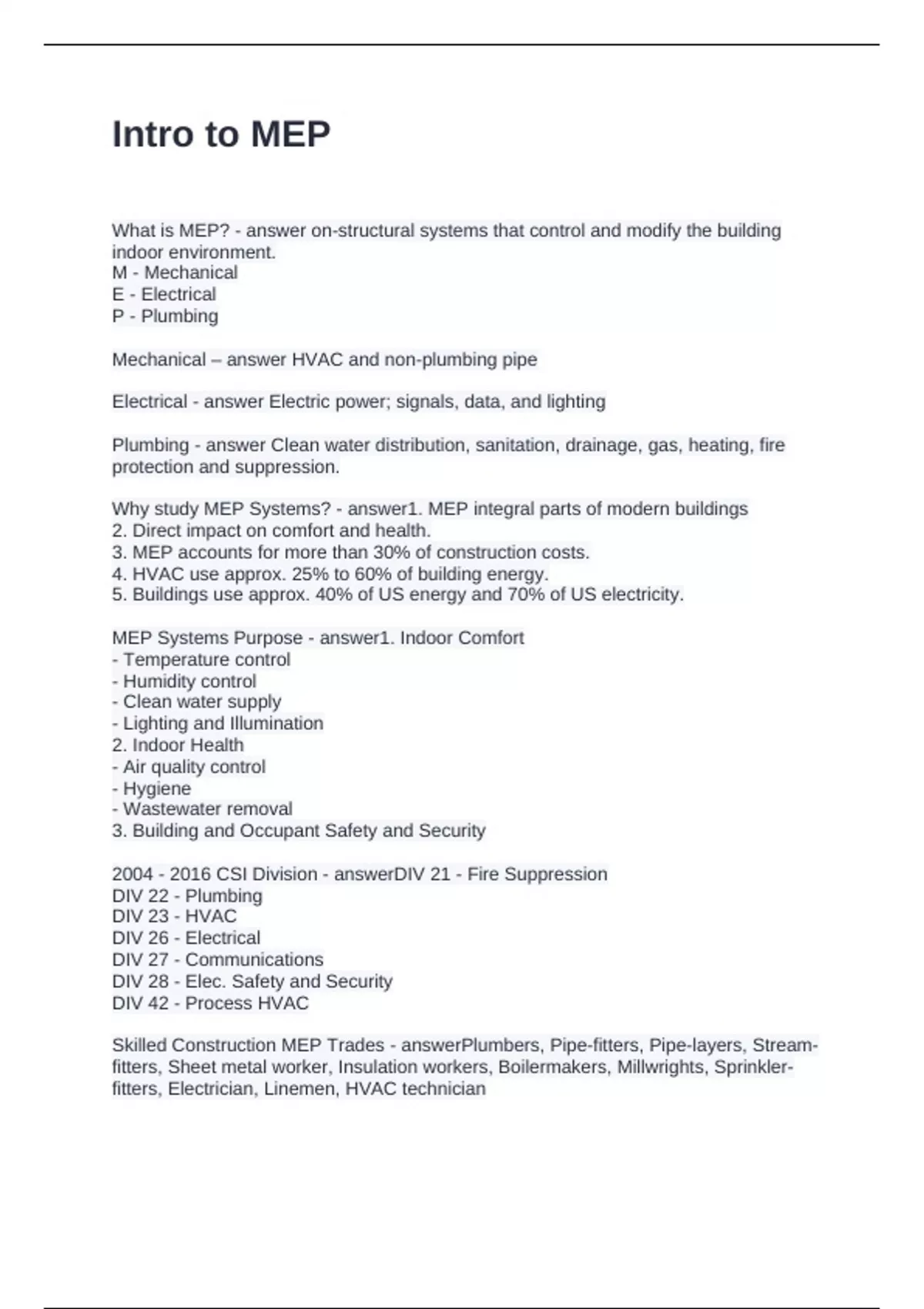 Intro to MEP Questions with Accurate Answers - MEP - Stuvia US