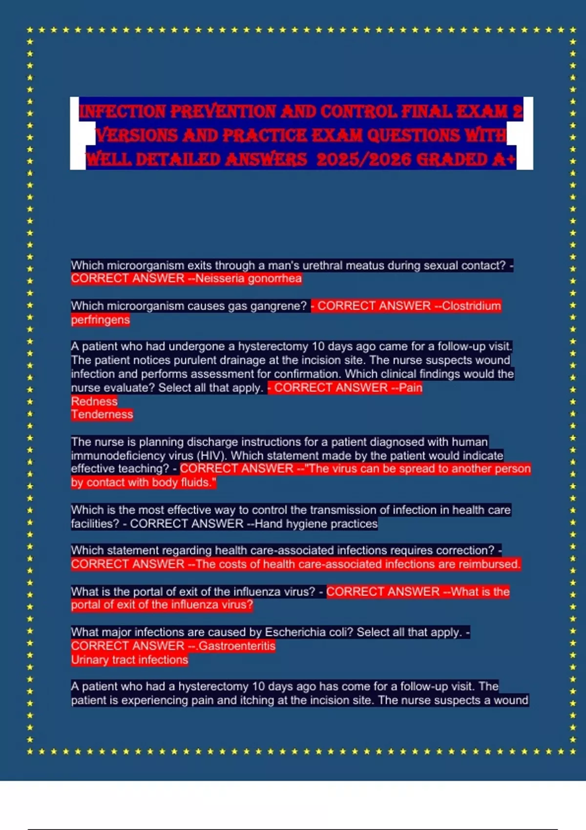 INFECTION PREVENTION AND CONTROL FINAL EXAM 2 VERSIONS AND PRACTICE EXAM QUESTIONS WITH WELL ...