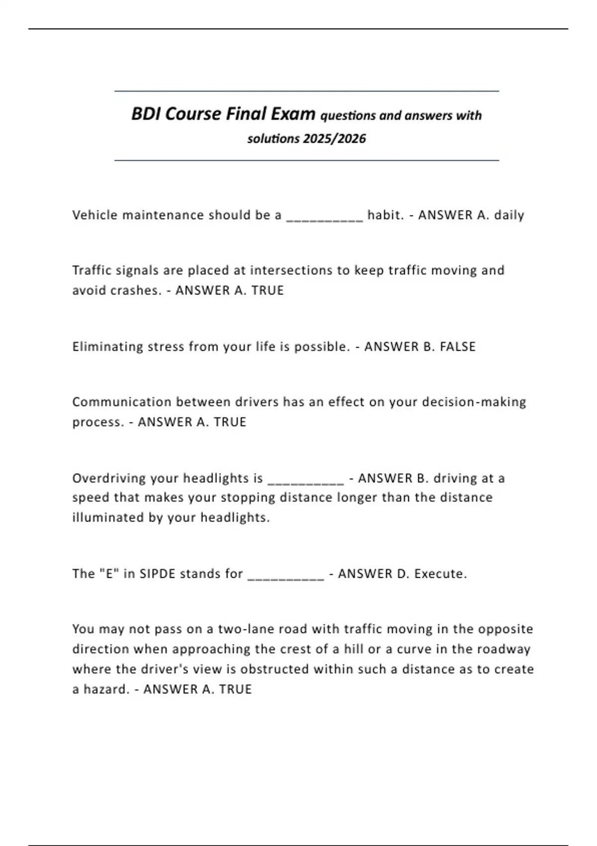 BDI Course Final Exam questions and answers with solutions 2025/2026 ...