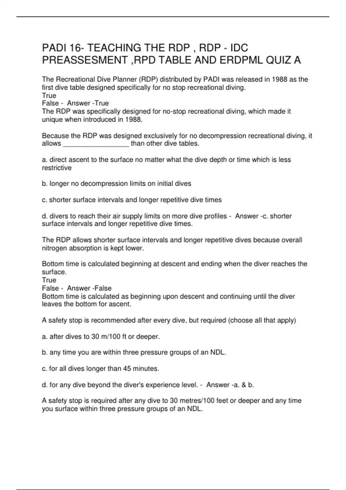 PADI 16- TEACHING THE RDP , RDP - IDC PREASSESMENT ,RPD TABLE AND ERDPML QUIZ A - PADI RDP ...