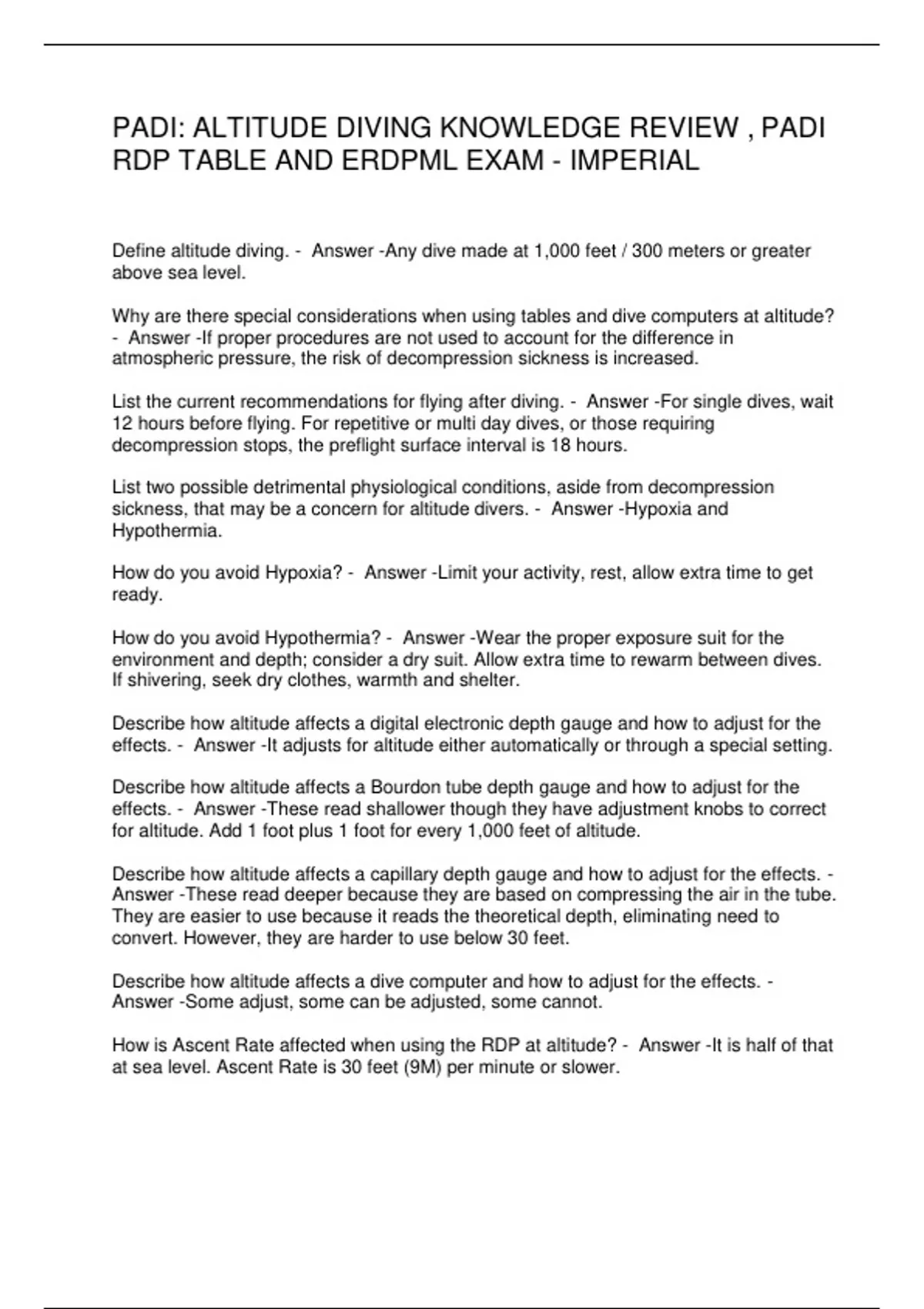 PADI: ALTITUDE DIVING KNOWLEDGE REVIEW , PADI RDP TABLE AND ERDPML EXAM ...