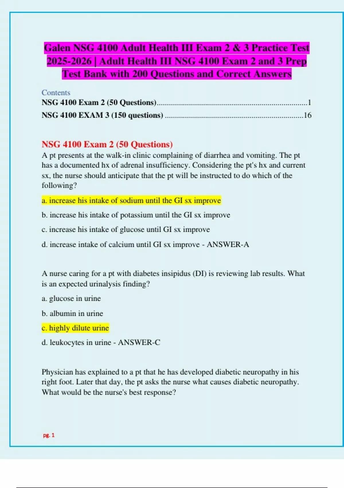 Galen NSG 4100 Adult Health III Exam 2 & 3 Practice Test | Adult Health ...