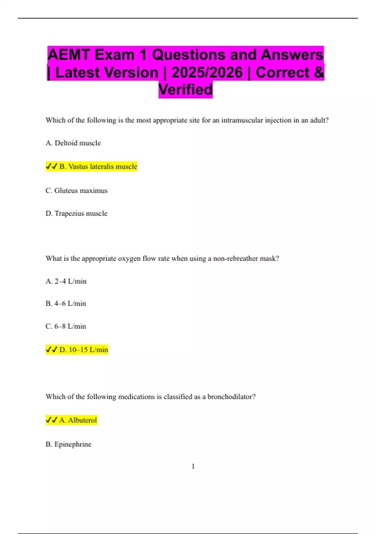 AEMT Exam 1 Questions and Answers | Latest Version | 2025/2026 ...