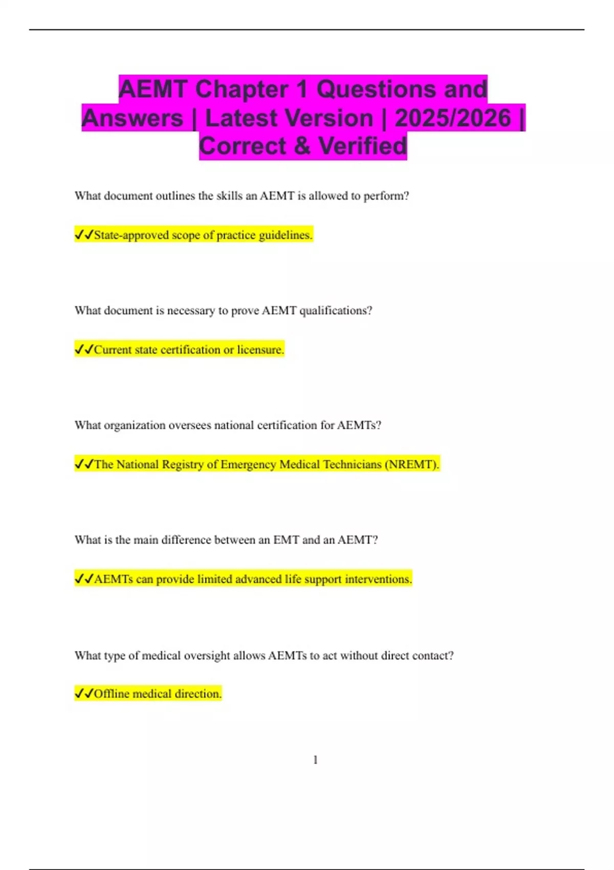 AEMT Chapter 1 Questions and Answers | Latest Version | 2025/2026 ...