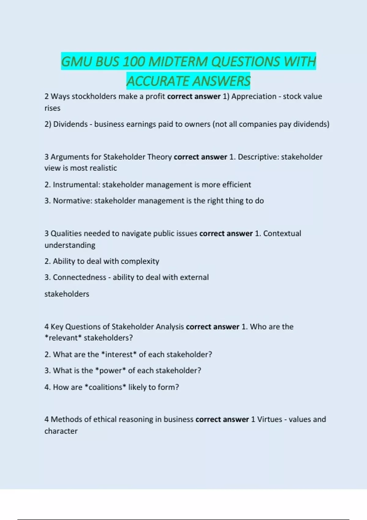 GMU BUS 100 MIDTERM QUESTIONS WITH ACCURATE ANSWERS - Bus - Stuvia US