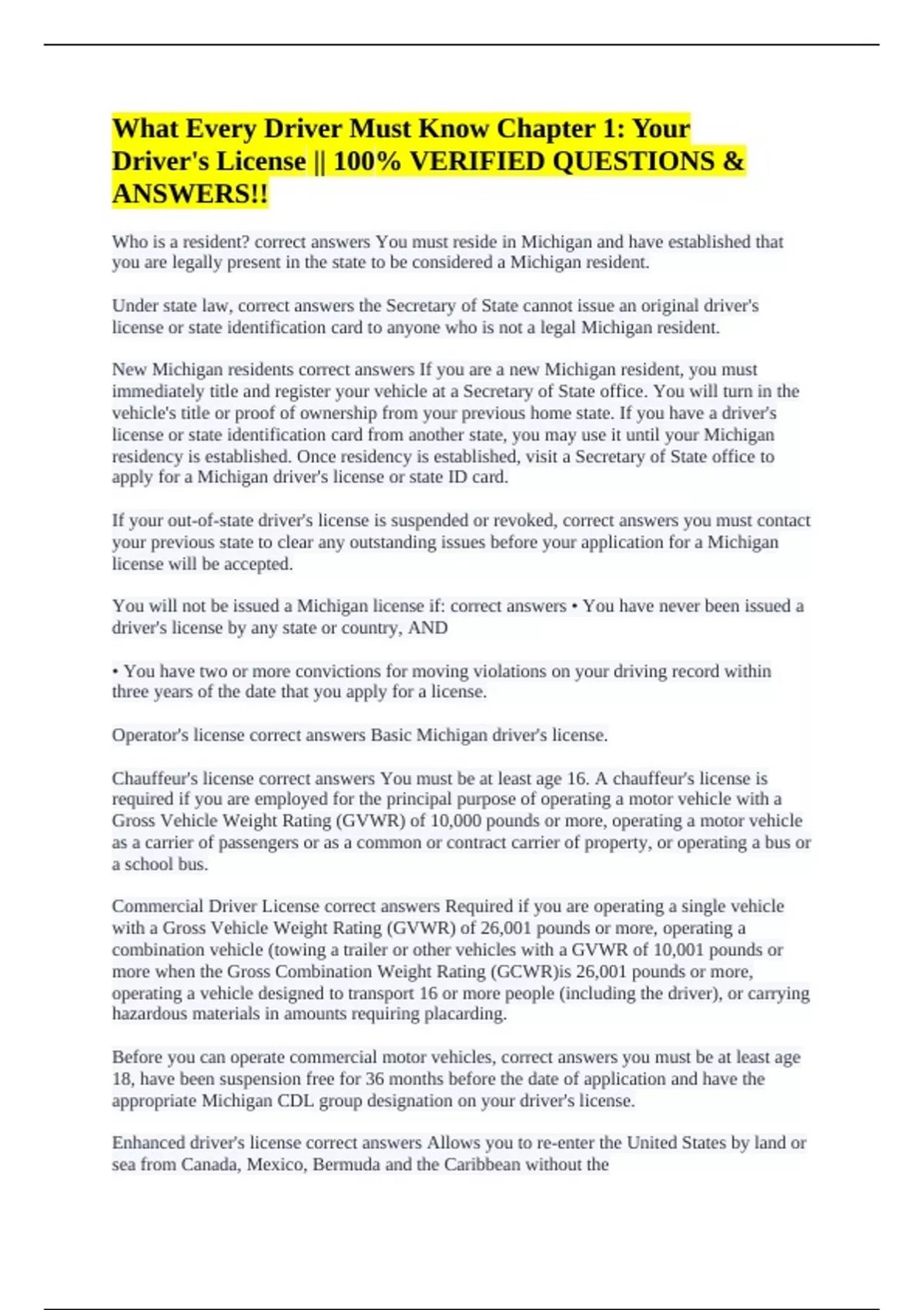 What Every Driver Must Know Chapter 1: Your Driver's License || 100% VERIFIED QUESTIONS ...