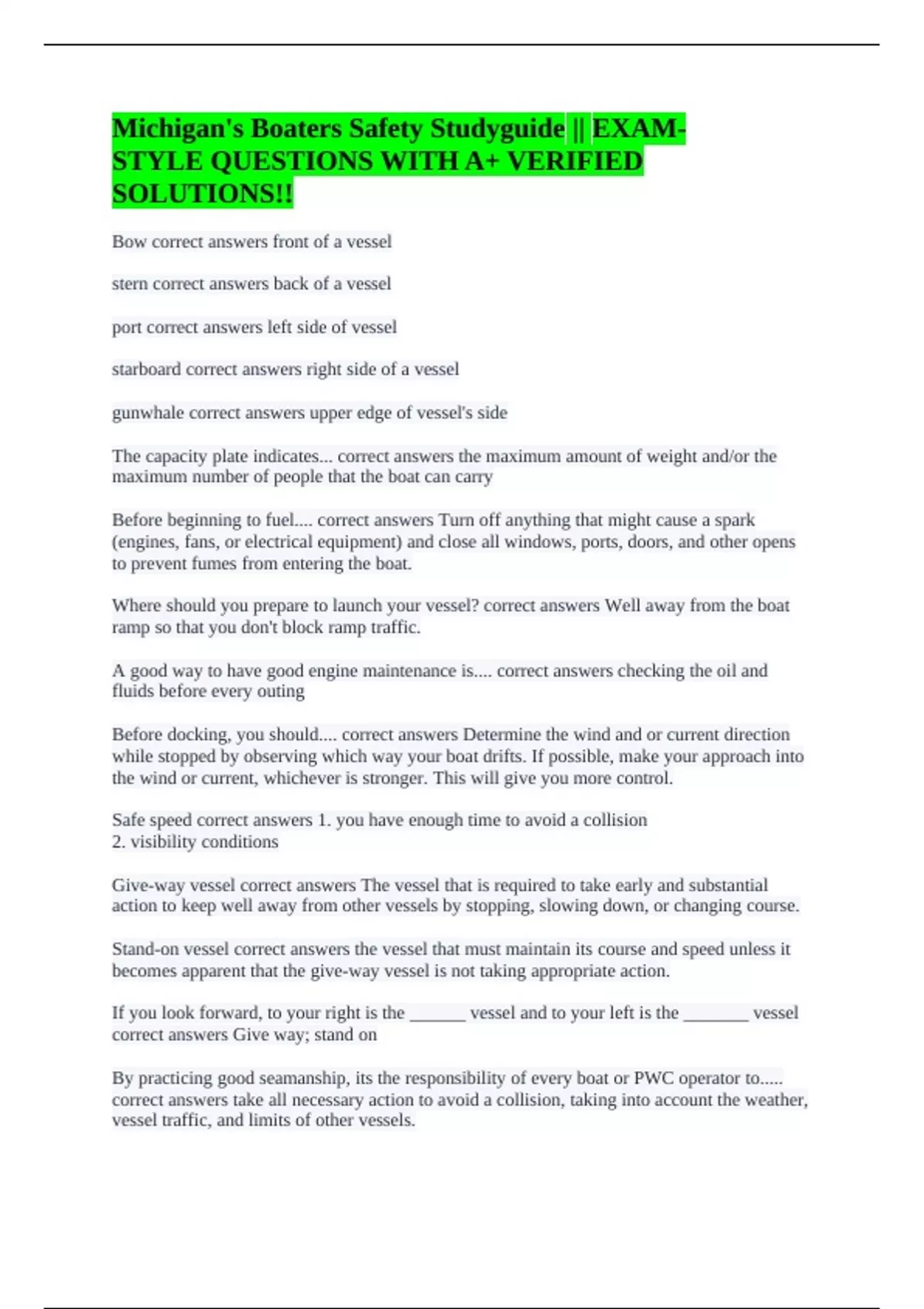 Michigan's Boaters Safety Studyguide || EXAM-STYLE QUESTIONS WITH A+ ...