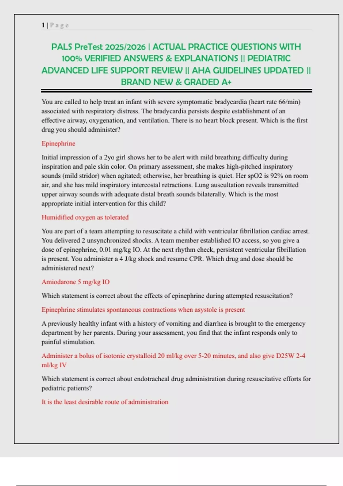 PALS PreTest 2025/2026 | Actual Practice Questions with 100% Verified ...