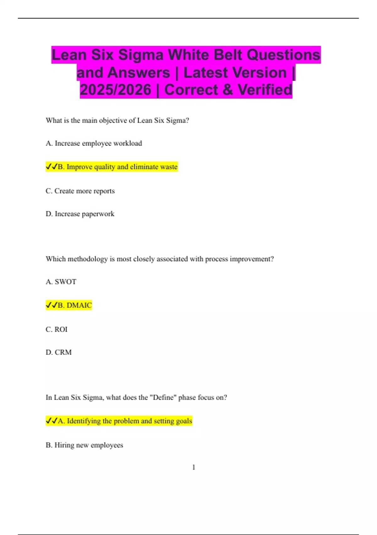 Lean Six Sigma White Belt Questions and Answers | Latest Version | 2025 ...