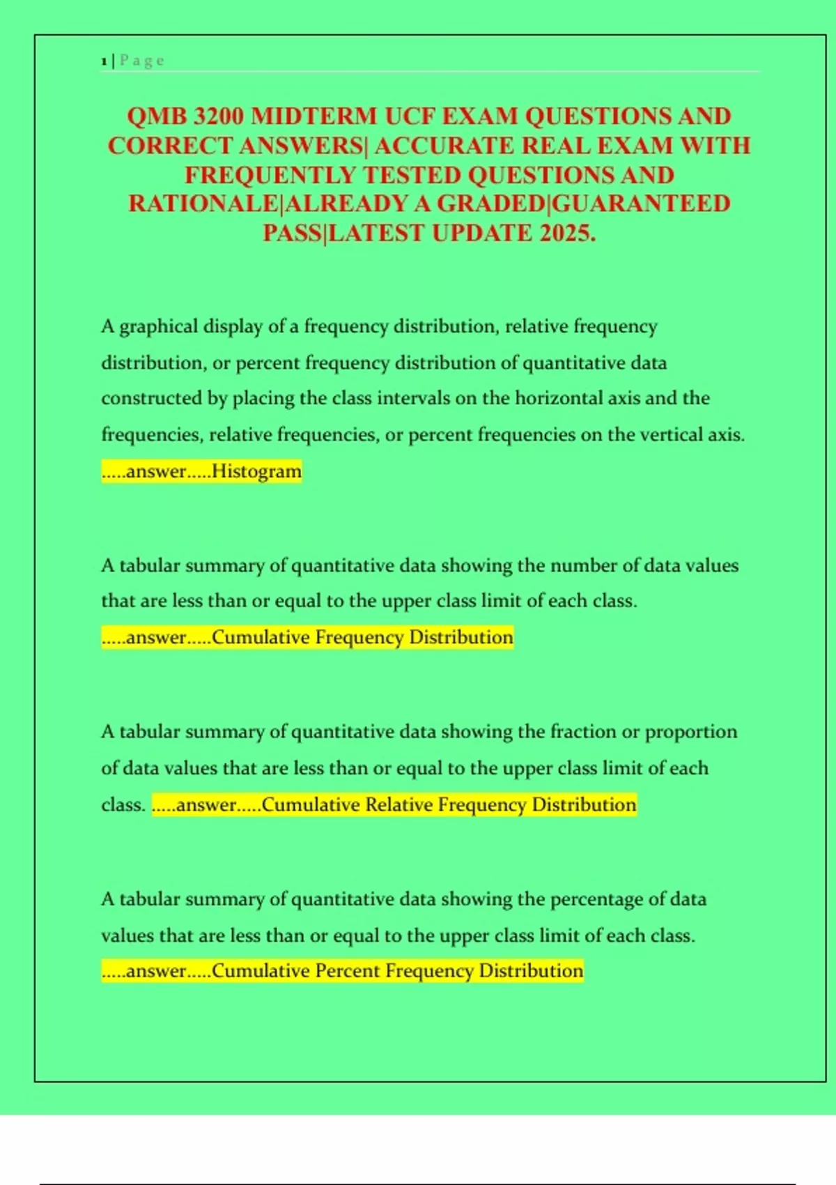QMB 3200 MIDTERM UCF EXAM QUESTIONS AND CORRECT ANSWERS| ACCURATE REAL EXAM WITH FREQUENTLY ...