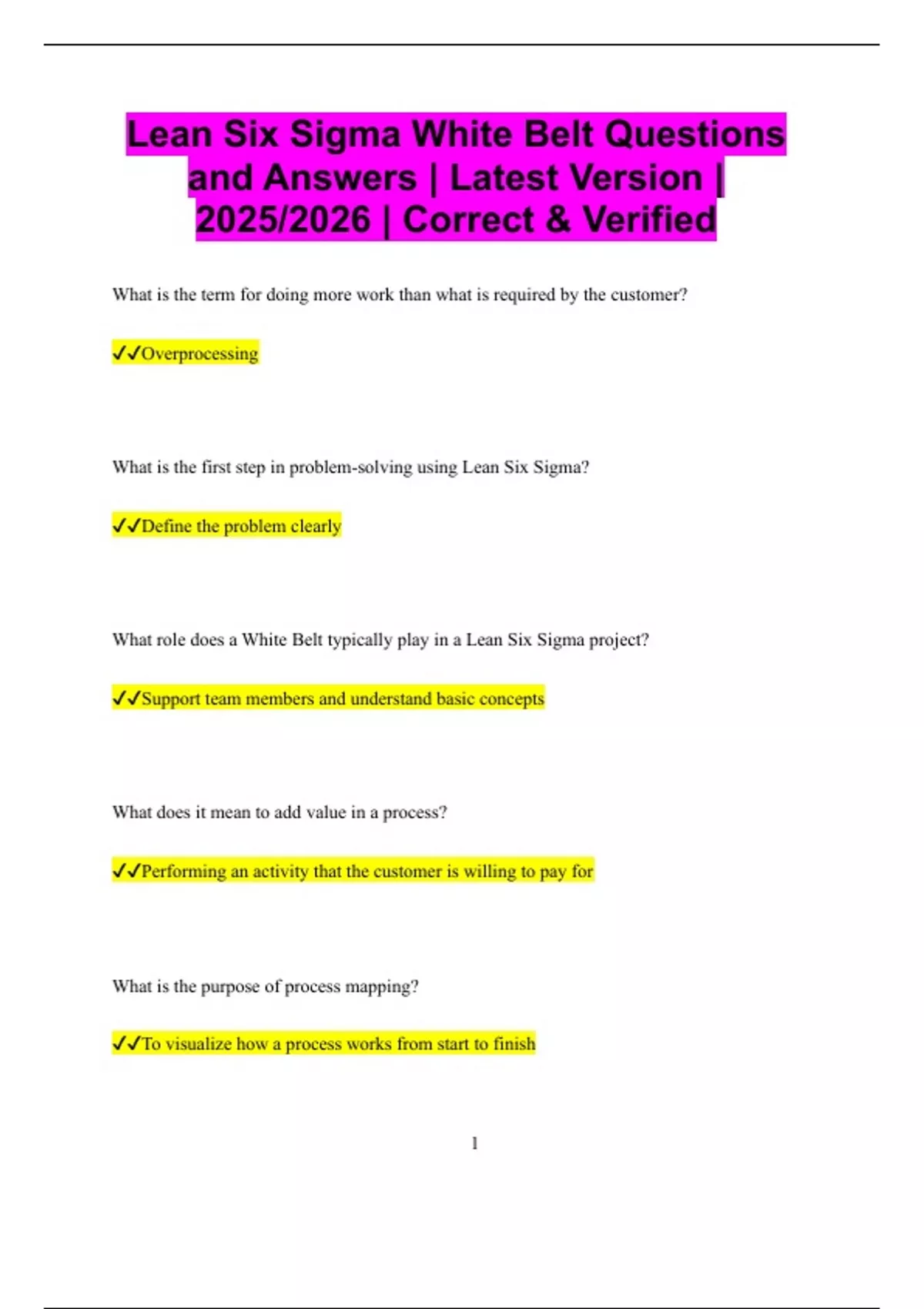 Lean Six Sigma White Belt Questions and Answers | Latest Version | 2025 ...