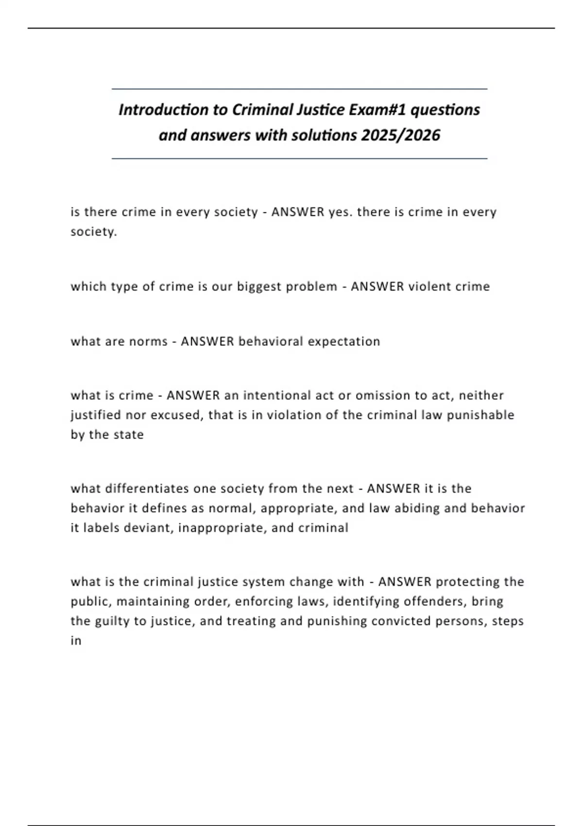 Introduction to Criminal Justice: Final Exam questions and answers with ...