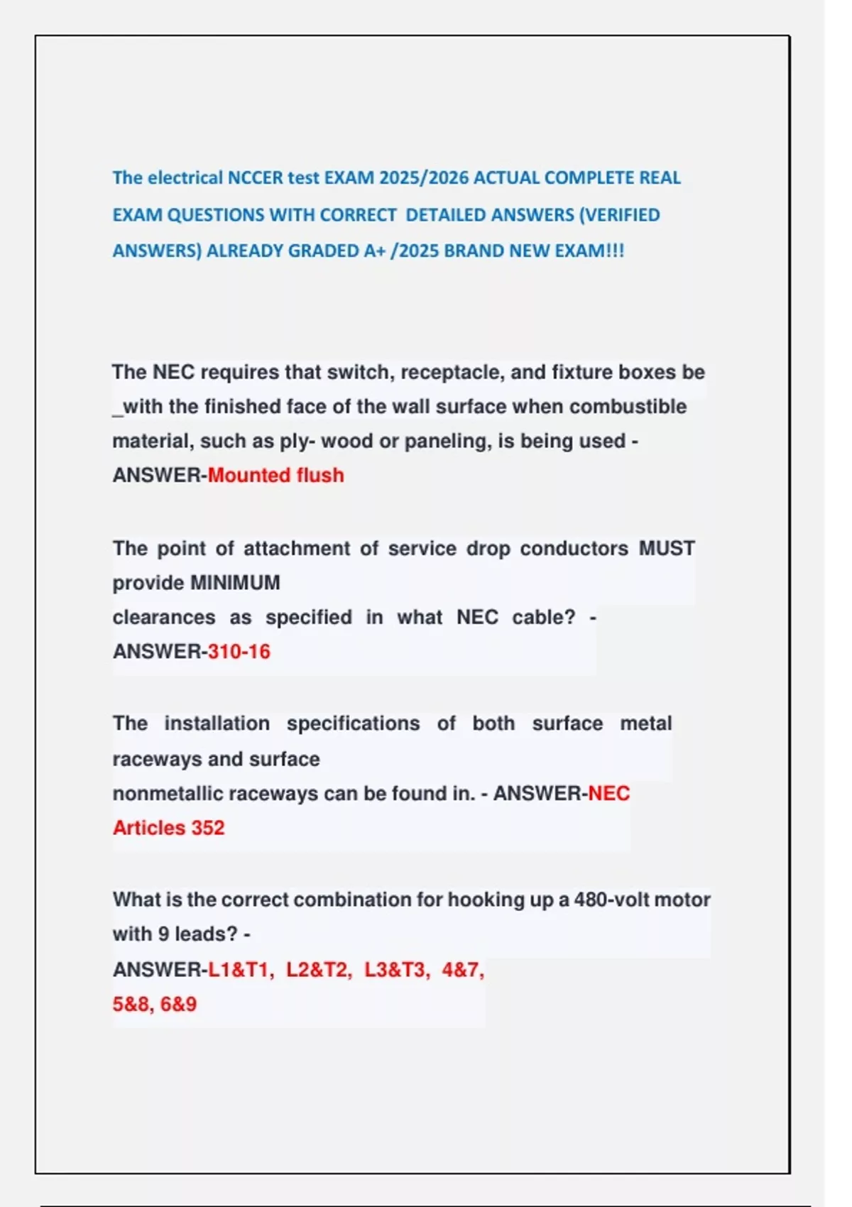 The electrical NCCER test EXAM 2025/2026 ACTUAL COMPLETE REAL EXAM ...