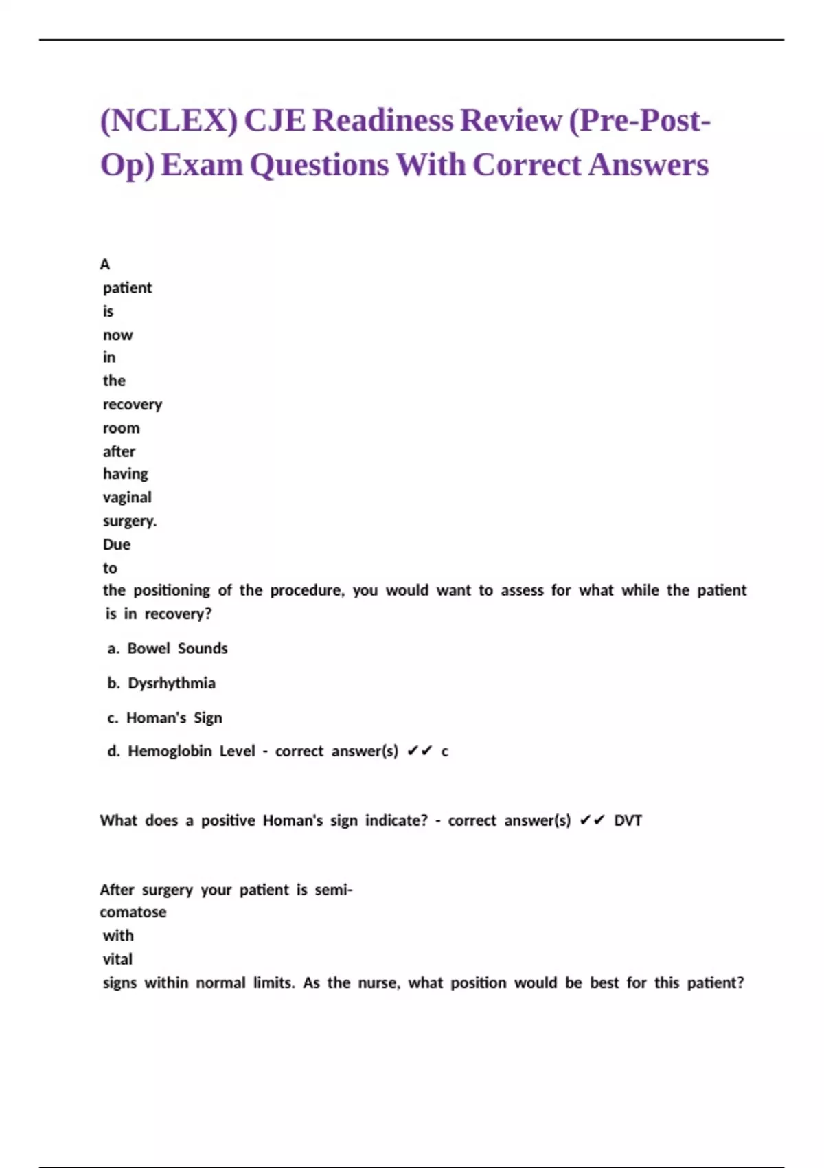 (NCLEX) CJE Readiness Review (Pre-Post-Op) Exam Questions With Correct ...