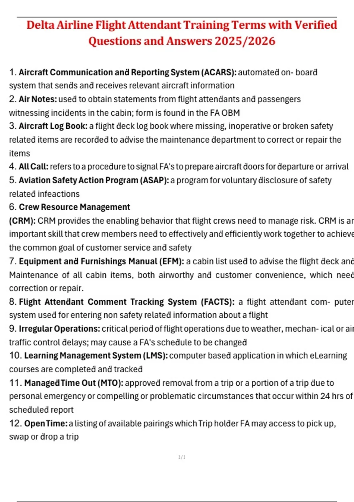 Delta Airline Flight Attendant Training Terms – Verified Questions and ...