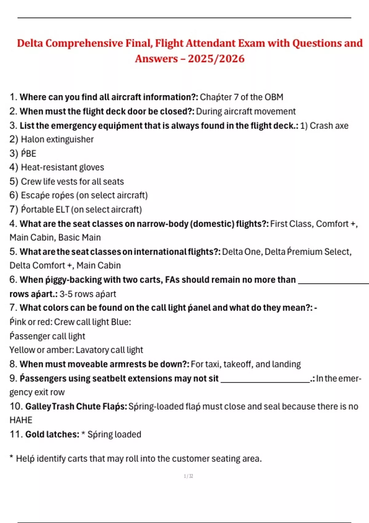 Delta Comprehensive Final – Flight Attendant Exam with Questions and Answers | 2025/2026 - Delta ...