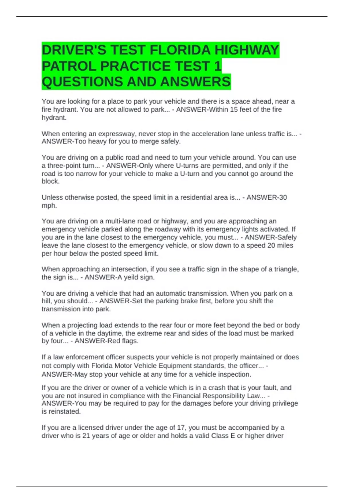 DRIVER'S TEST FLORIDA HIGHWAY PATROL PRACTICE TEST 1 QUESTIONS AND ...