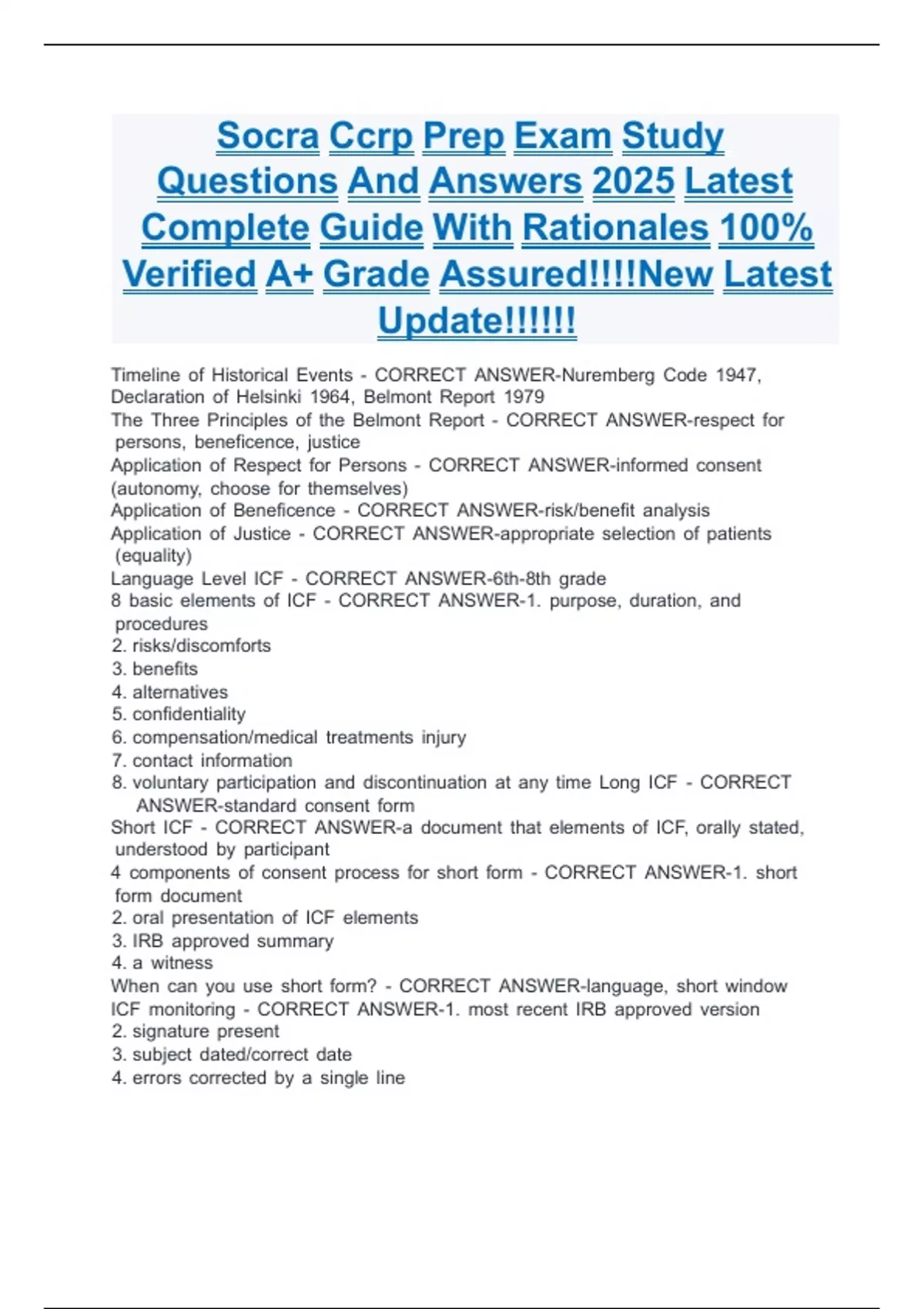 Socra Ccrp Prep Exam Study Questions And Answers 2025 Latest Complete ...