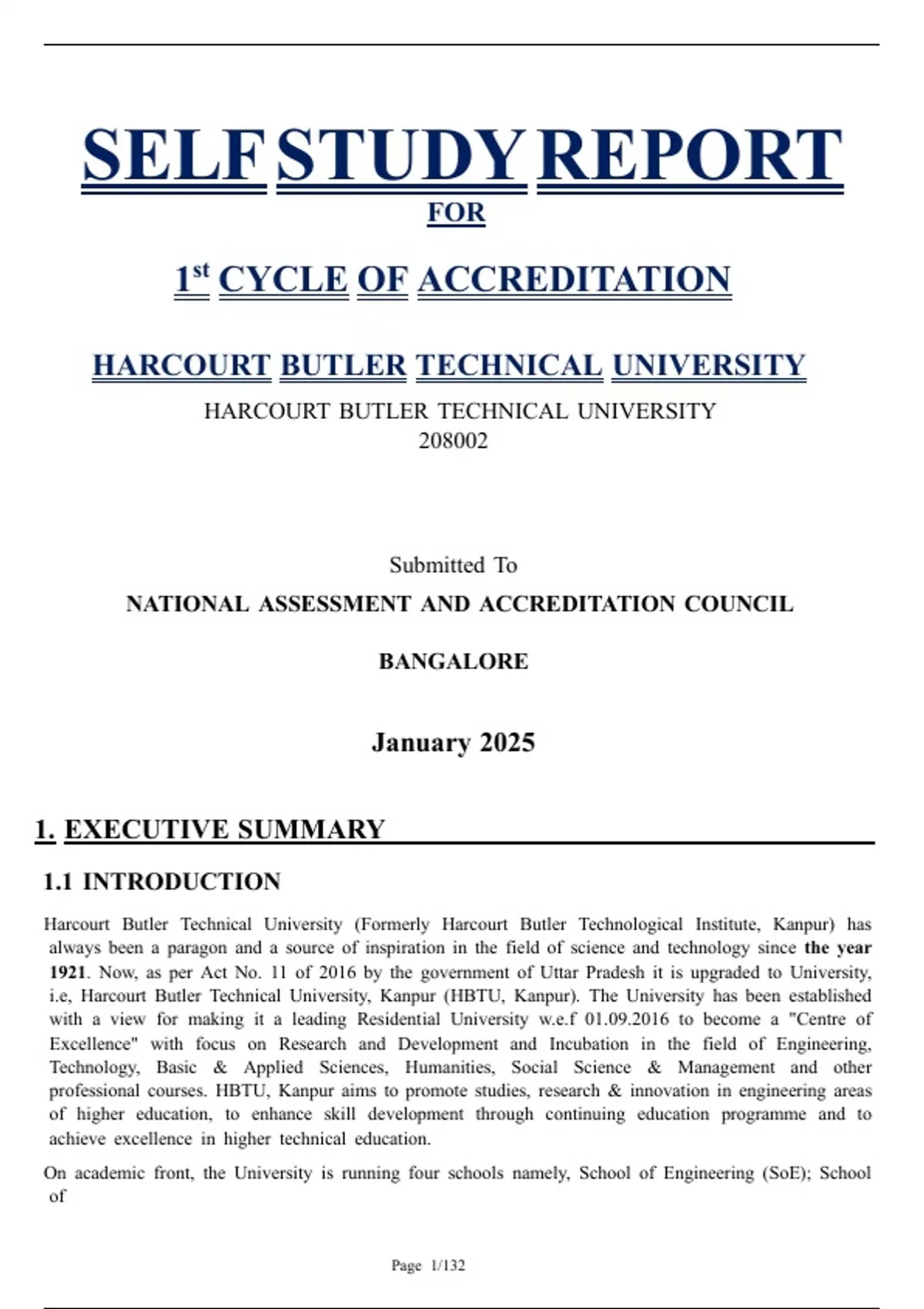 SELF STUDY REPORT FOR 1st CYCLE OF ACCREDITATION HARCOURT BUTLER TECHNICAL UNIVERSITY - 1st ...