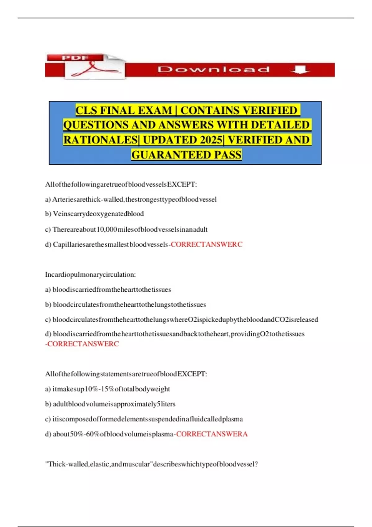 CLS FINAL EXAM | CONTAINS VERIFIED QUESTIONS AND ANSWERS WITH DETAILED ...