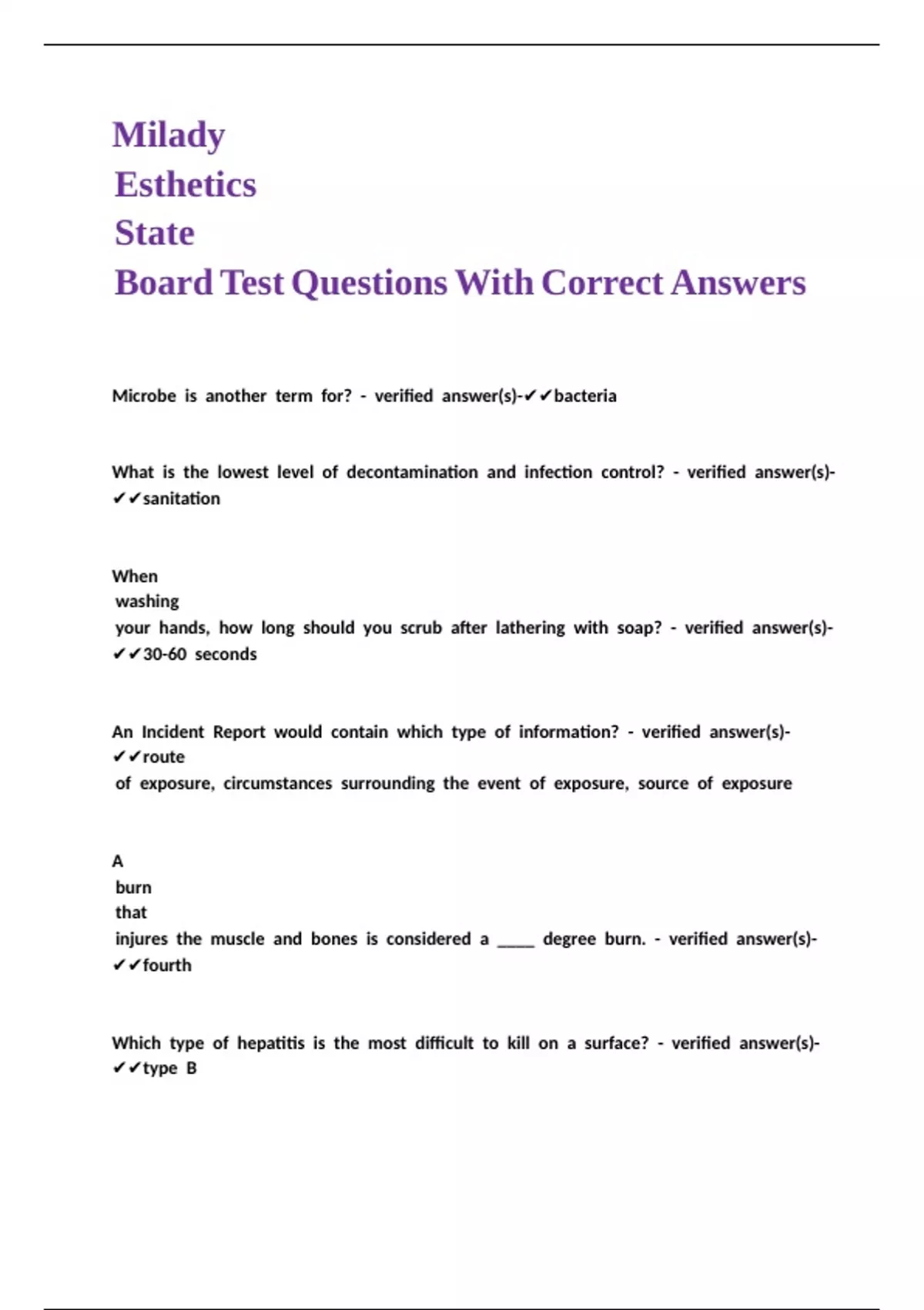 Milady Esthetics State Board Test Questions With Correct Answers ...