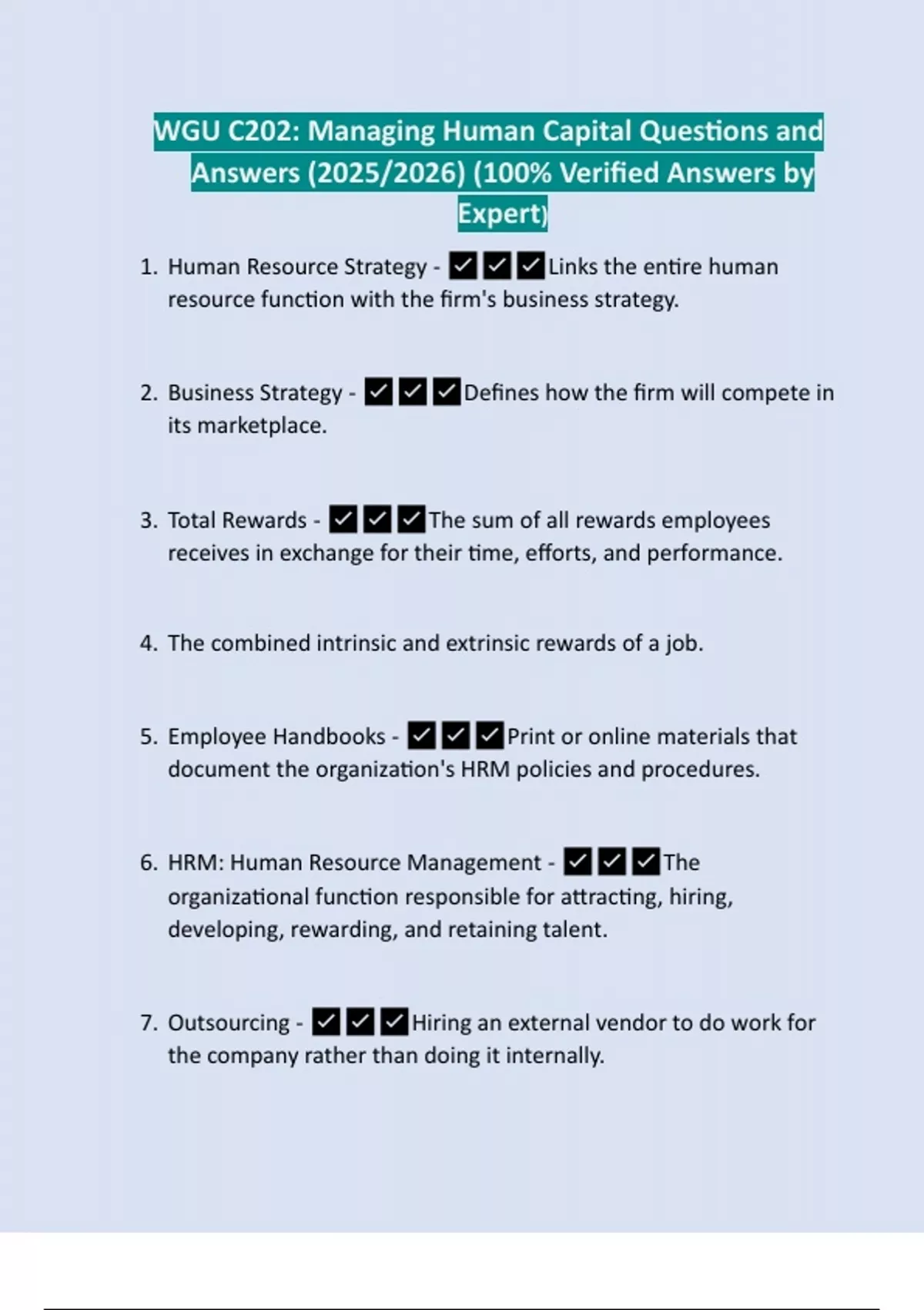 WGU C202: Managing Human Capital – Verified Questions and Answers (2025/2026) for Exam and ...