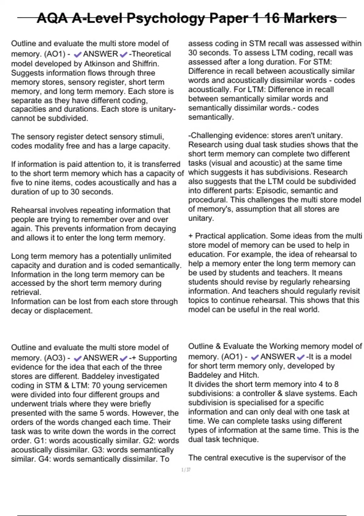 AQA A-Level Psychology Paper 1 16 Markers - AQA A-Level Psychology ...
