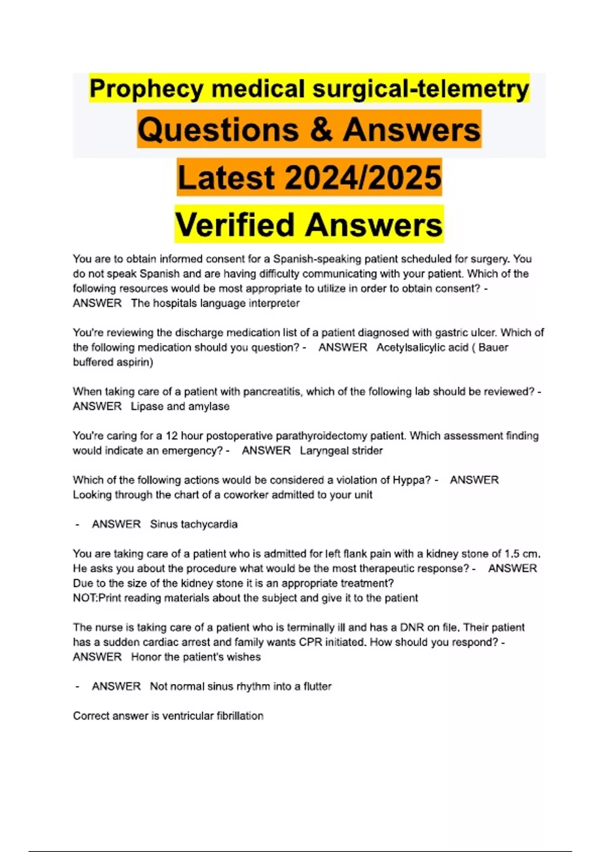 Prophecy medical surgical-telemetry Questions & Answers Latest Verified ...