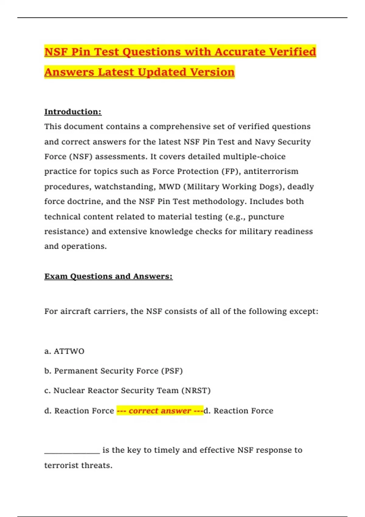NSF Pin Test Questions with Accurate Verified Answers Latest Updated ...