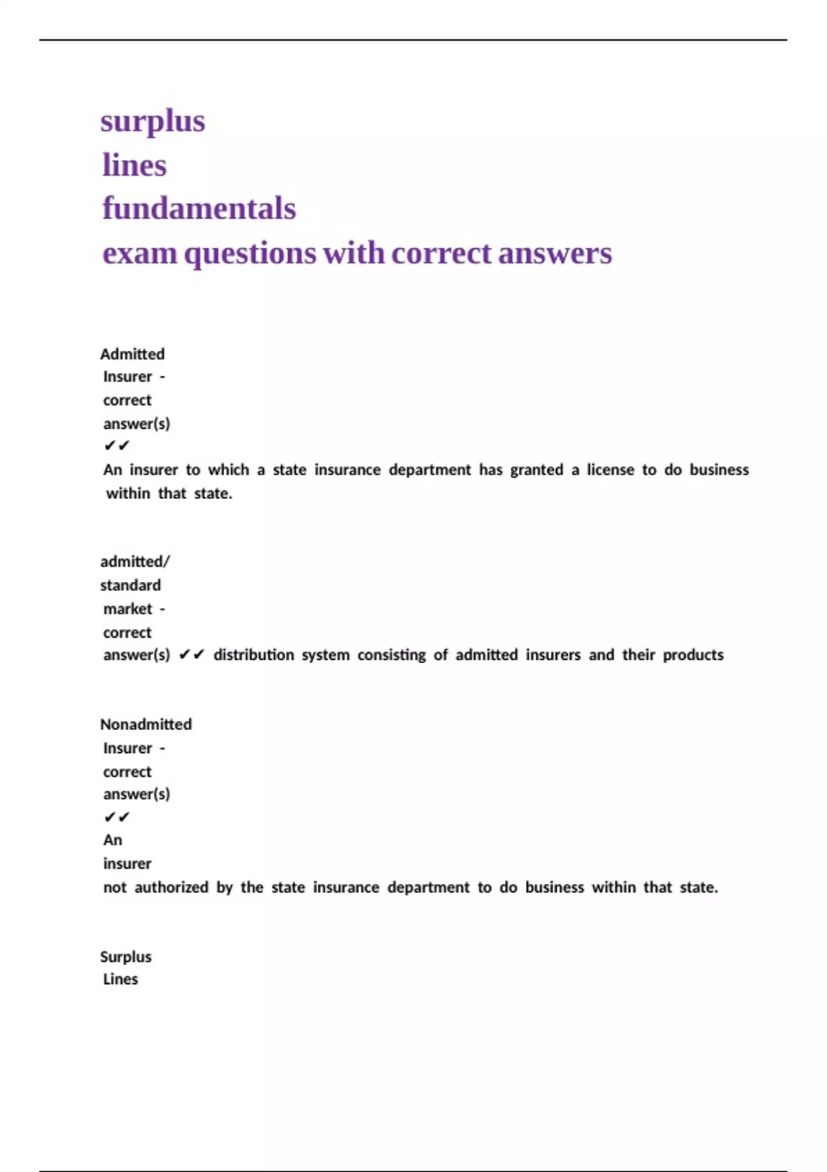 surplus lines fundamentals exam questions with correct answers - NC ...