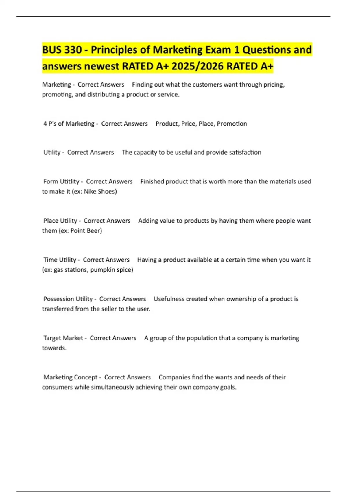 BUS 330 - Principles of Marketing Exam 1 Questions and answers newest ...