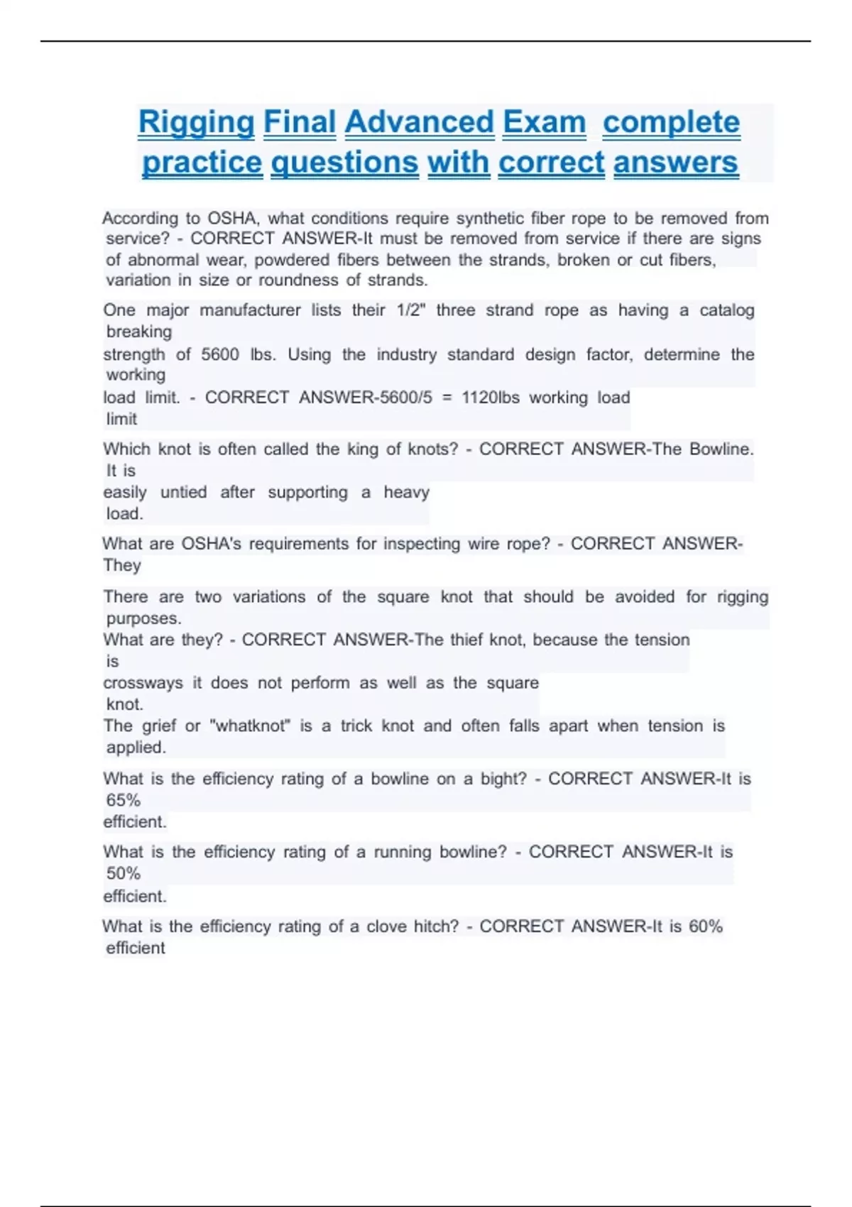 Rigging Final Advanced Exam complete practice questions with correct ...